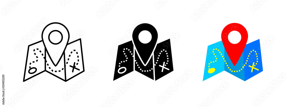 Map navigation icon. Folded map with route path and location pin ...