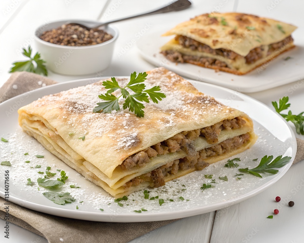 Egyptian dish Feter Meshaltet layered bread with meat filling, isolated ...