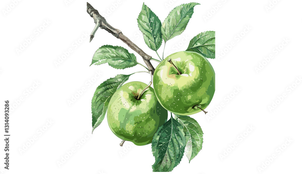 Old botanical illustration of green apples, vector apples on ...