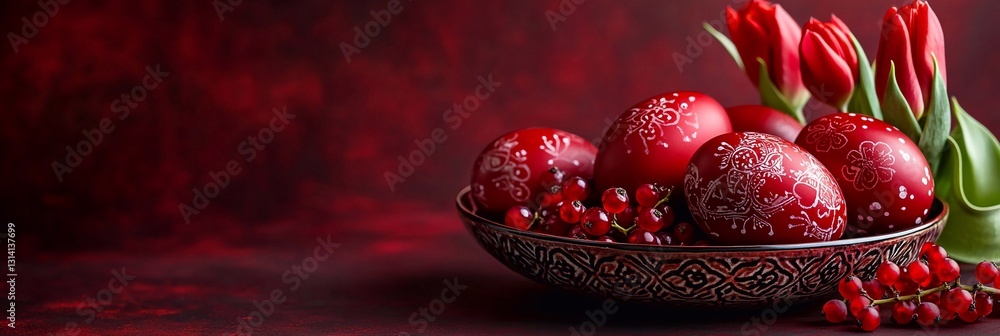 Easter eggs in red color, tulips, and berries on a dark crimson ...