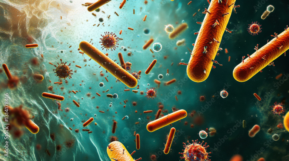 Colorful depiction of bacteria in a microscopic world showcasing ...