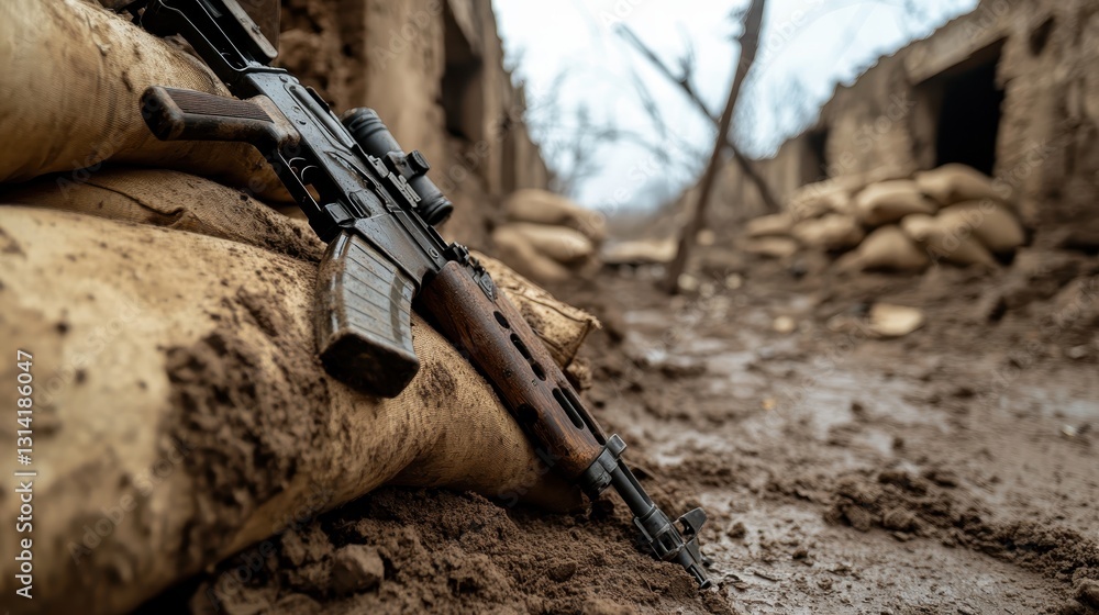 Depicting an iconic AK-47 rifle laid on a muddy ground, surrounded by ...