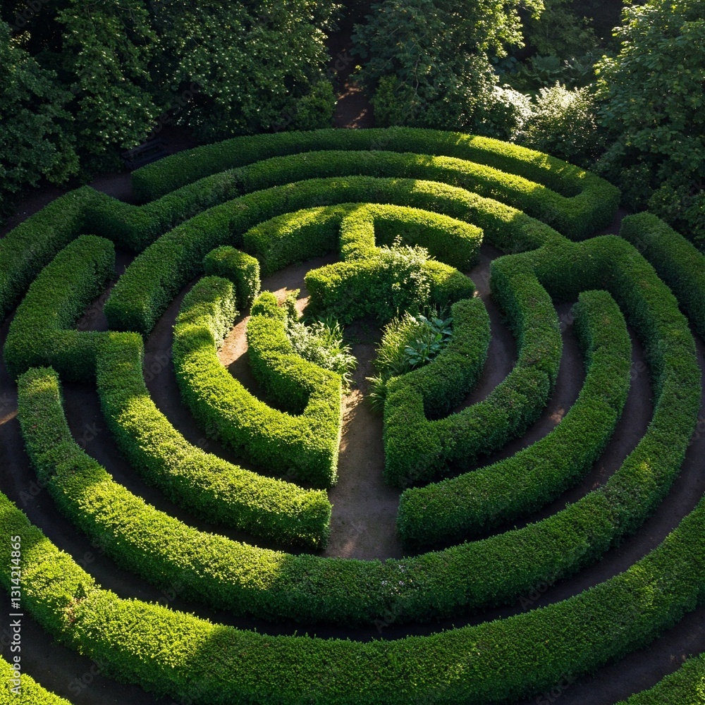 Garden labyrinth with neatly trimmed hedges and a hidden pathway inside ...