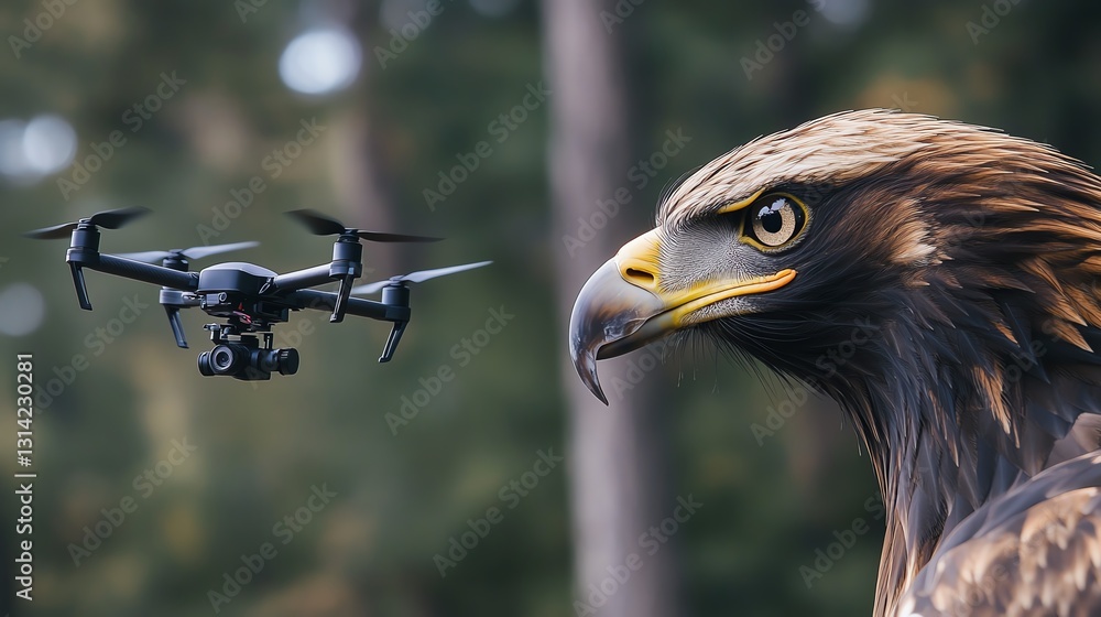 Drone and eagle facing each other in a forest. Technology and nature ...