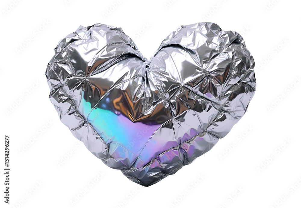 heart shaped glossy crumpled holographic aluminium foil, silver ...