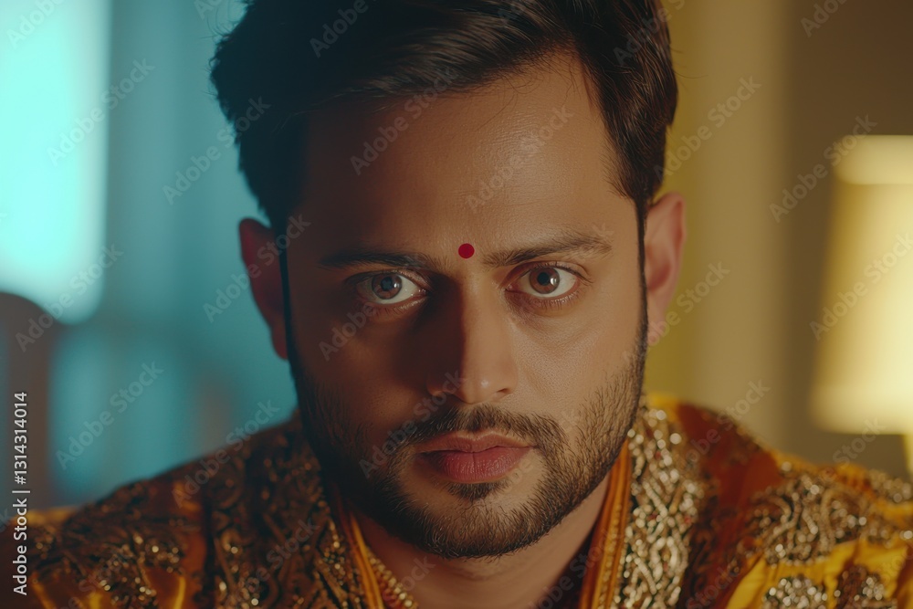 Close-up portrait of an Indian man with traditional attire and a red ...