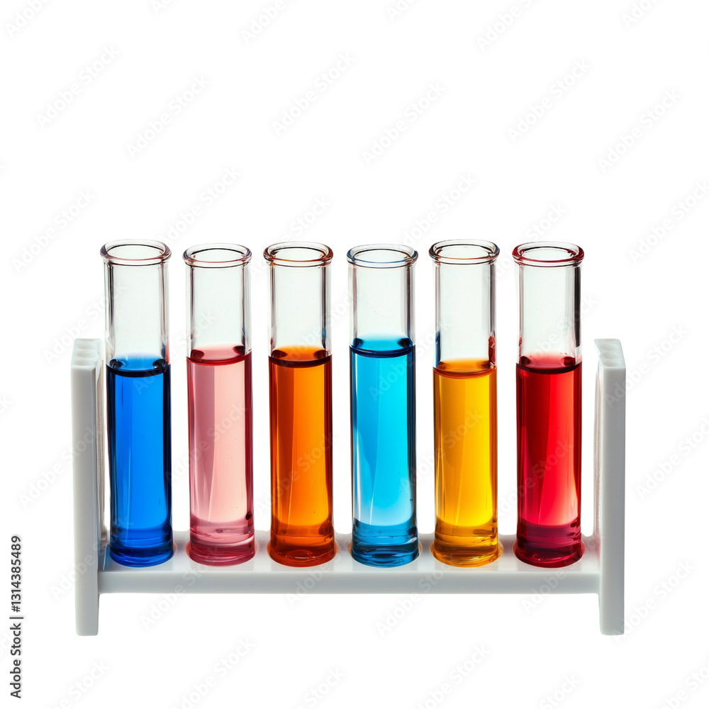 Colorful test tubes filled with liquids in laboratory rack, showcasing ...