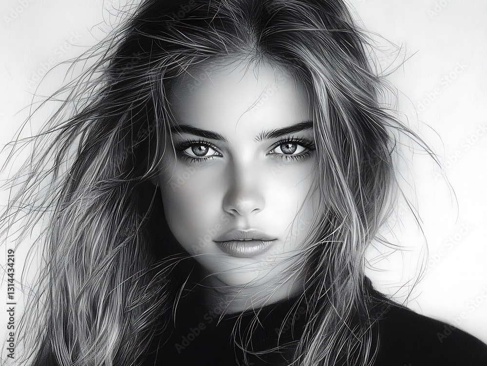 Artistic black and grey pencil sketch, captivating woman with deep eyes ...