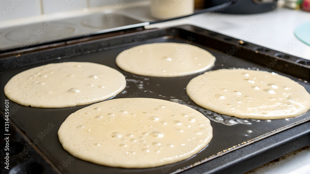 Pancake batter cooking on griddle with bubbles forming on surface ...