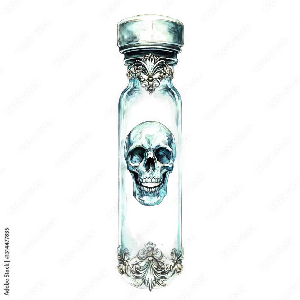A mystical glass vial containing a translucent skull, delicate ...