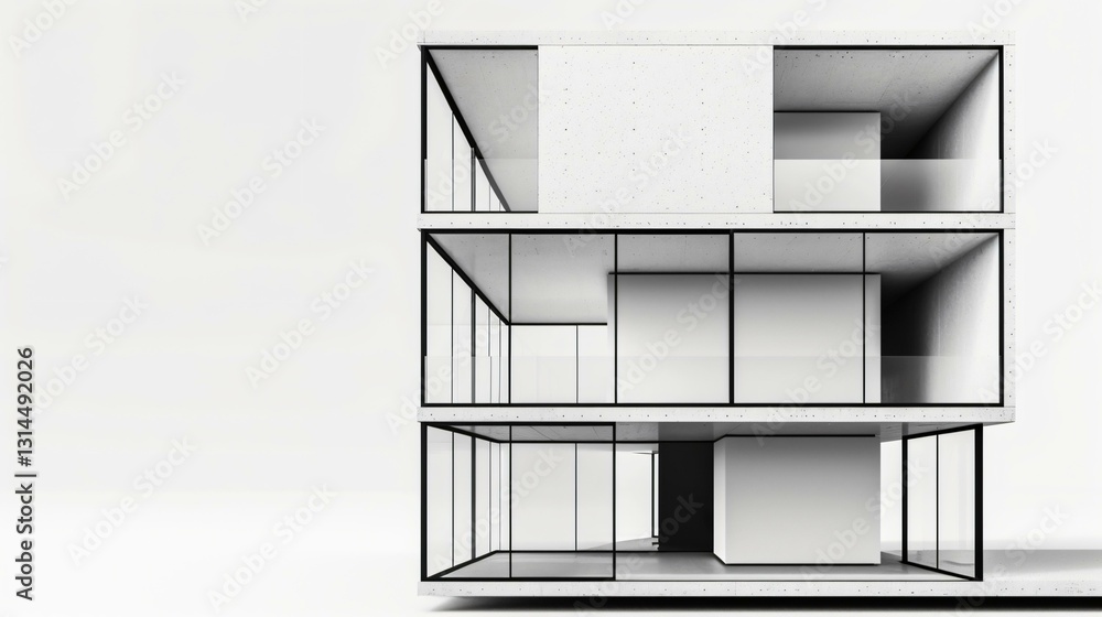 Cutaway section of a brutalist skyscraper, reinforced concrete beams ...