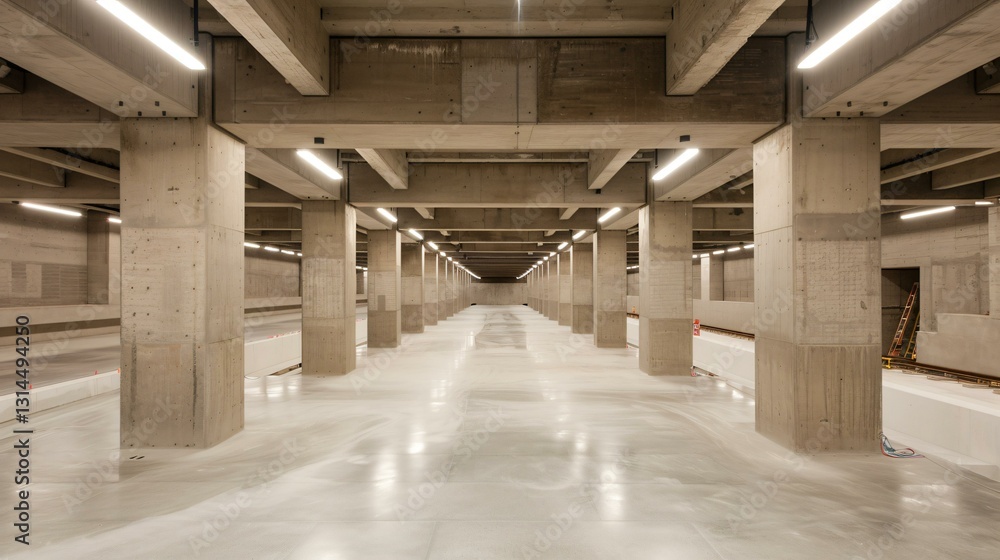 Underground brutalist structure with reinforced concrete beams ...