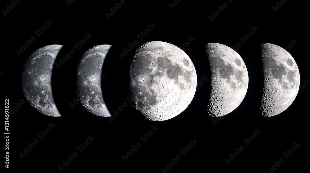 Lunar phases visualization shows decreasing moon cycle, celestial event ...