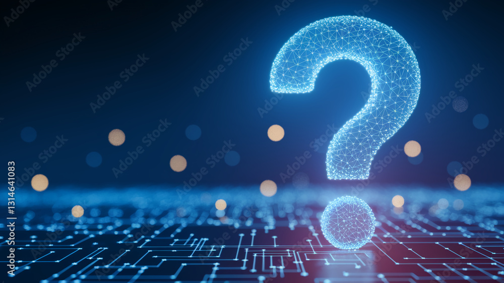 Glowing blue large question mark, digital network design, abstract ...