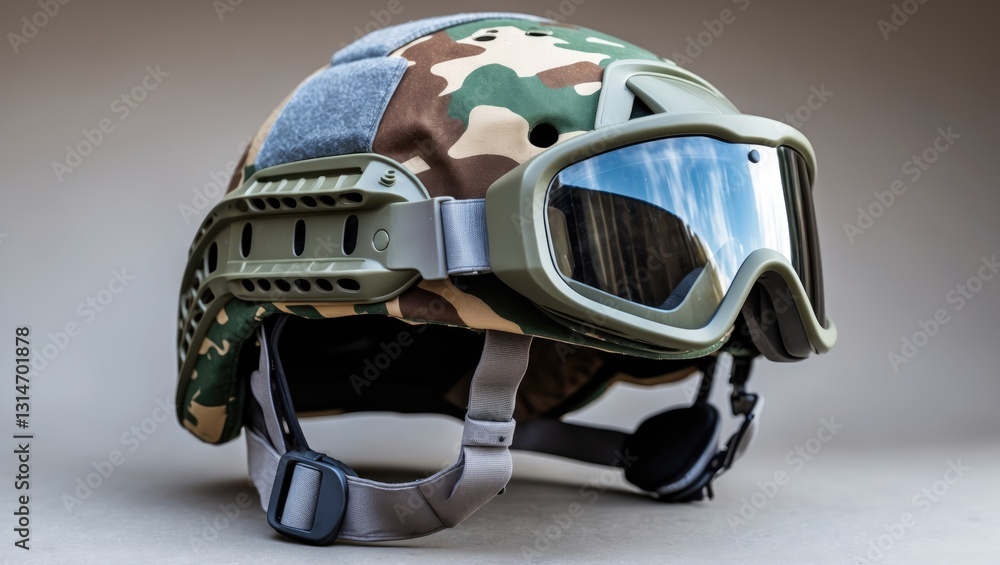 kevlar helmet with camouflage cover and protective goggles. Stock Photo ...