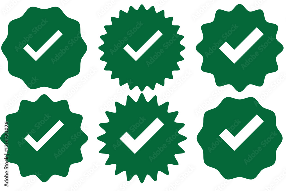 Green tick icons collection. Flat round check mark green icon, button ...