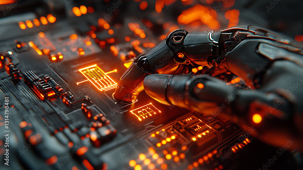 Realistic close-up animation of a futuristic robotic hand with nanotech ...