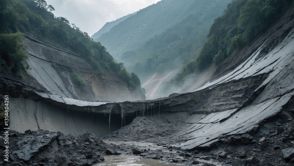 Landslide in a mountain area with environmental hazards. Large ground ...
