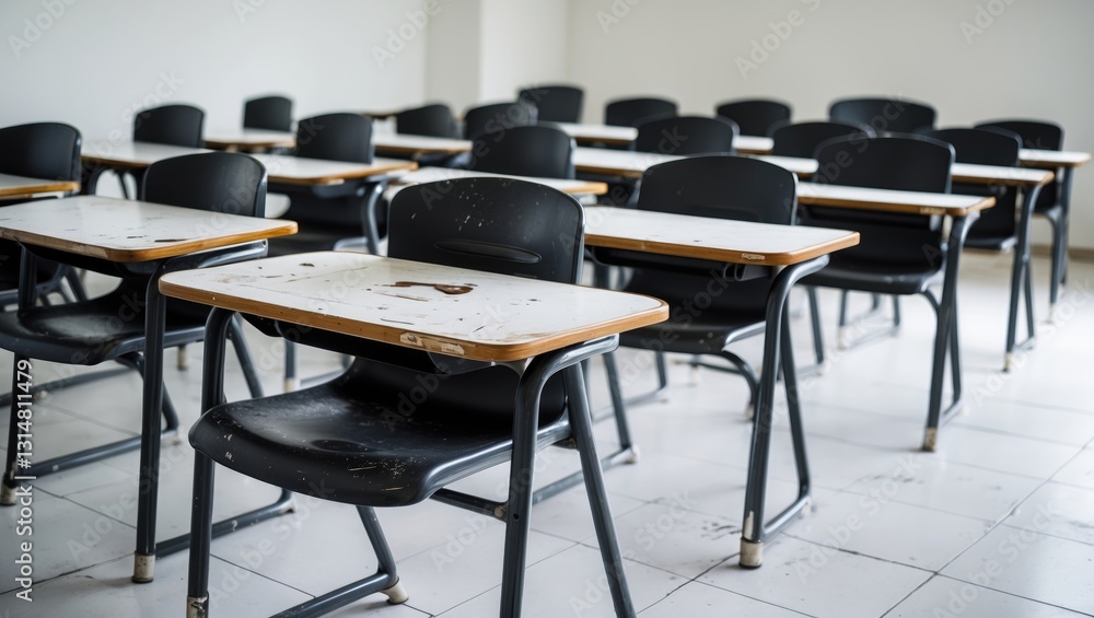 Rows of classroom chairs with attached desks, set up in an unoccupied ...