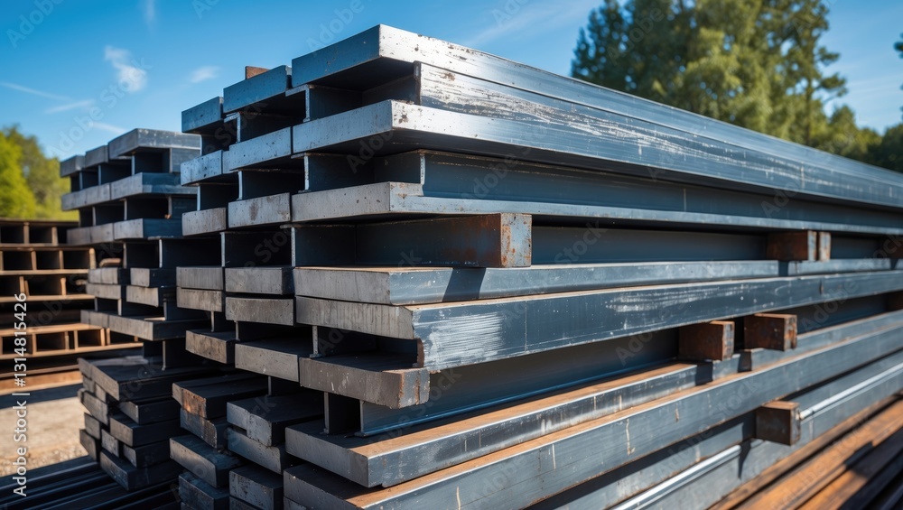 Steel beams production. Stacked metal girders on construction ...