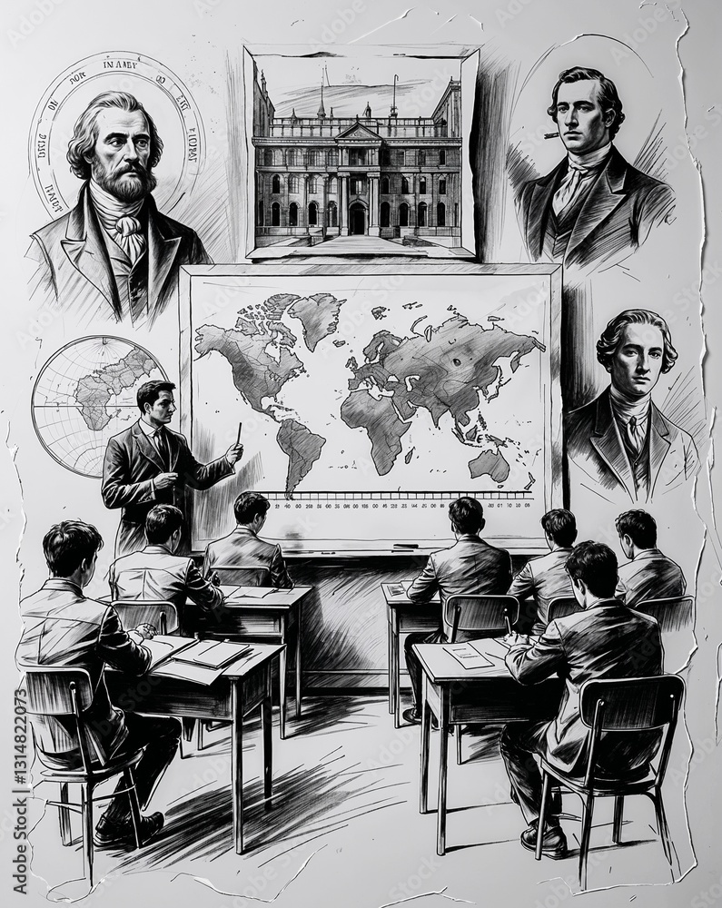 A history classroom with antique maps portraits of historical figures ...