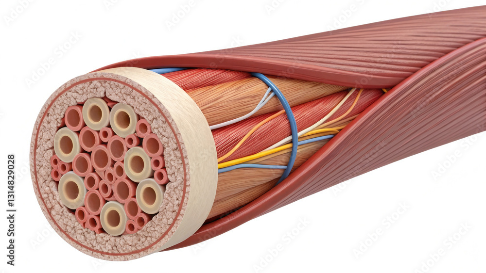 Cross section of human arm showing detailed muscle fibers, nerves, and ...