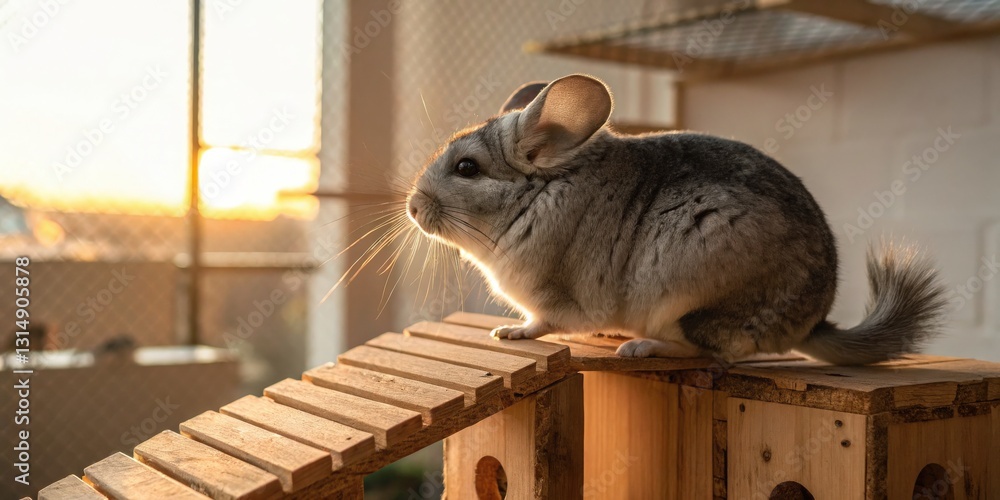 Chinchilla playing on wooden structure indoor setting animal ...