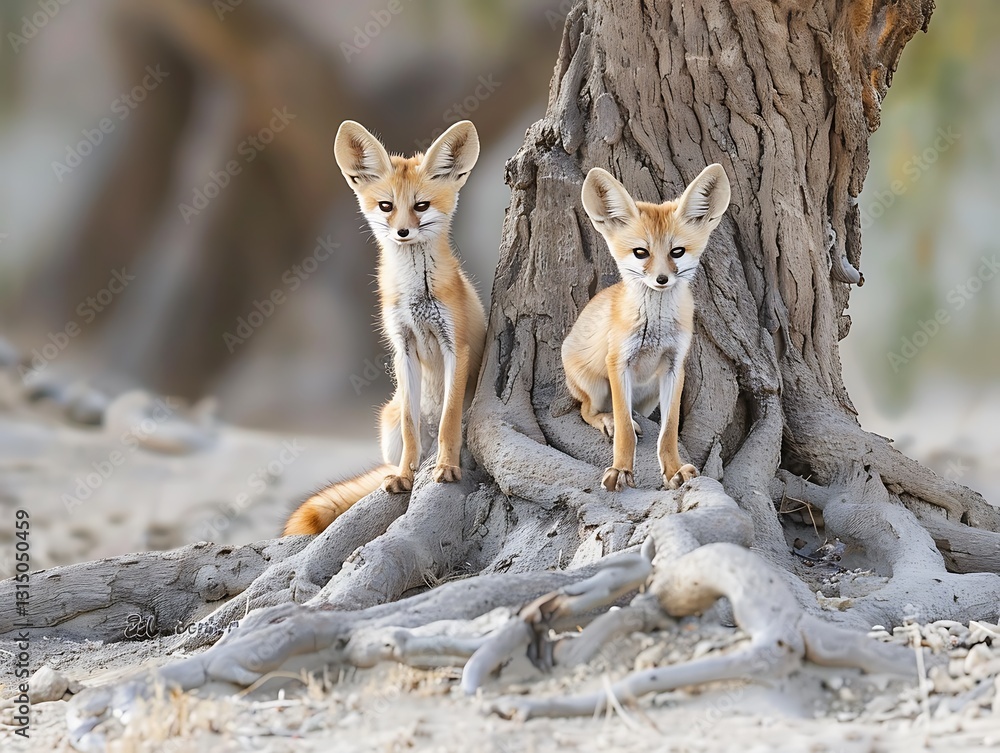 a photo of two fennec fox cubs playing around the base and roots of an ...
