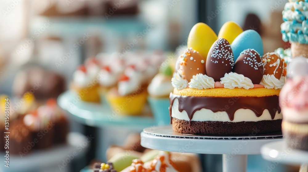 Chocolate drip cake with colorful easter egg toppers on display. Easter, Pascha, Paskha, Ostern ...