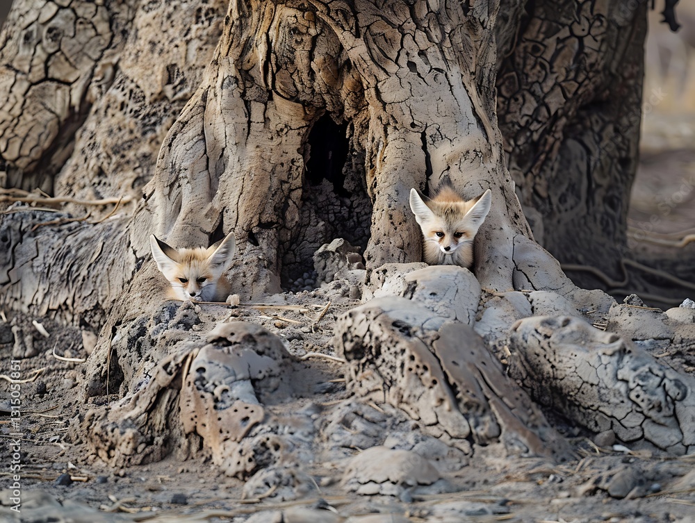 a photo of two fennec fox cubs playing around the base and roots of an ...