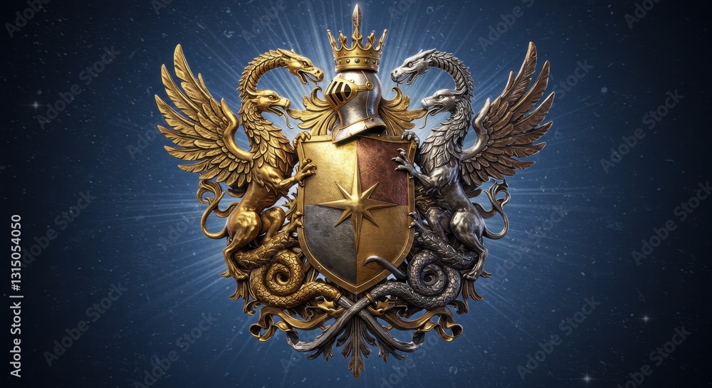 Fantasy Inspired 3D Coat of Arms with Mythical Creatures and Metallic ...