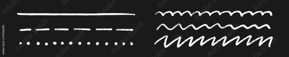 White chalk crayon underline elements - straight line, dashed stroke ...