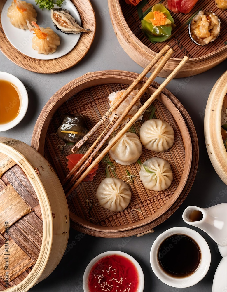 Delicious variety of chinese dim sum displayed on a table with ...