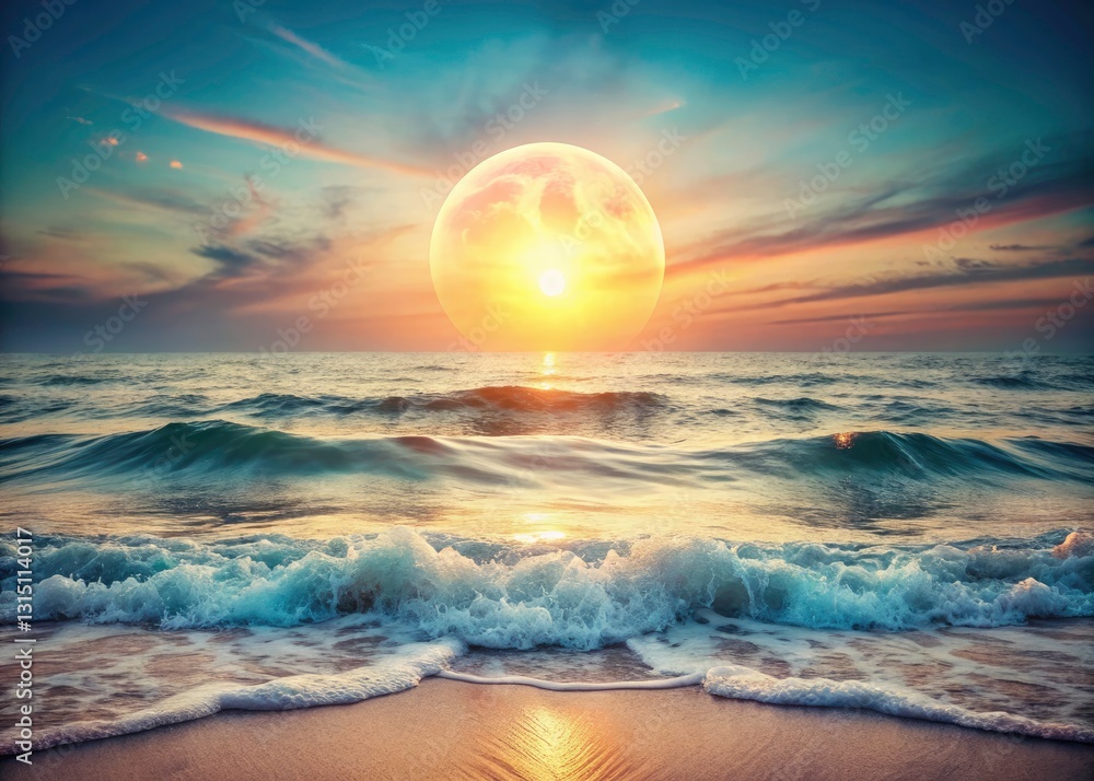 AI Generated Double Exposure: Sun Rising Over Ocean Waves - Tranquil ...