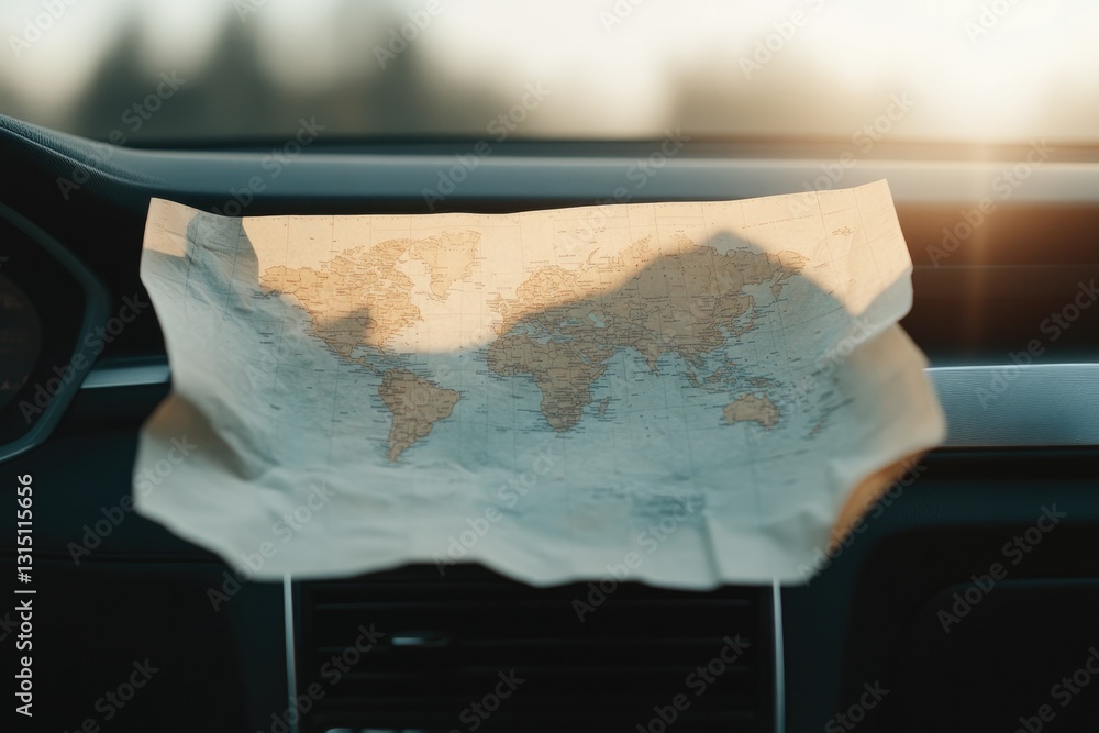well-worn road map partially unfolded on car dashboard spotlighting ...