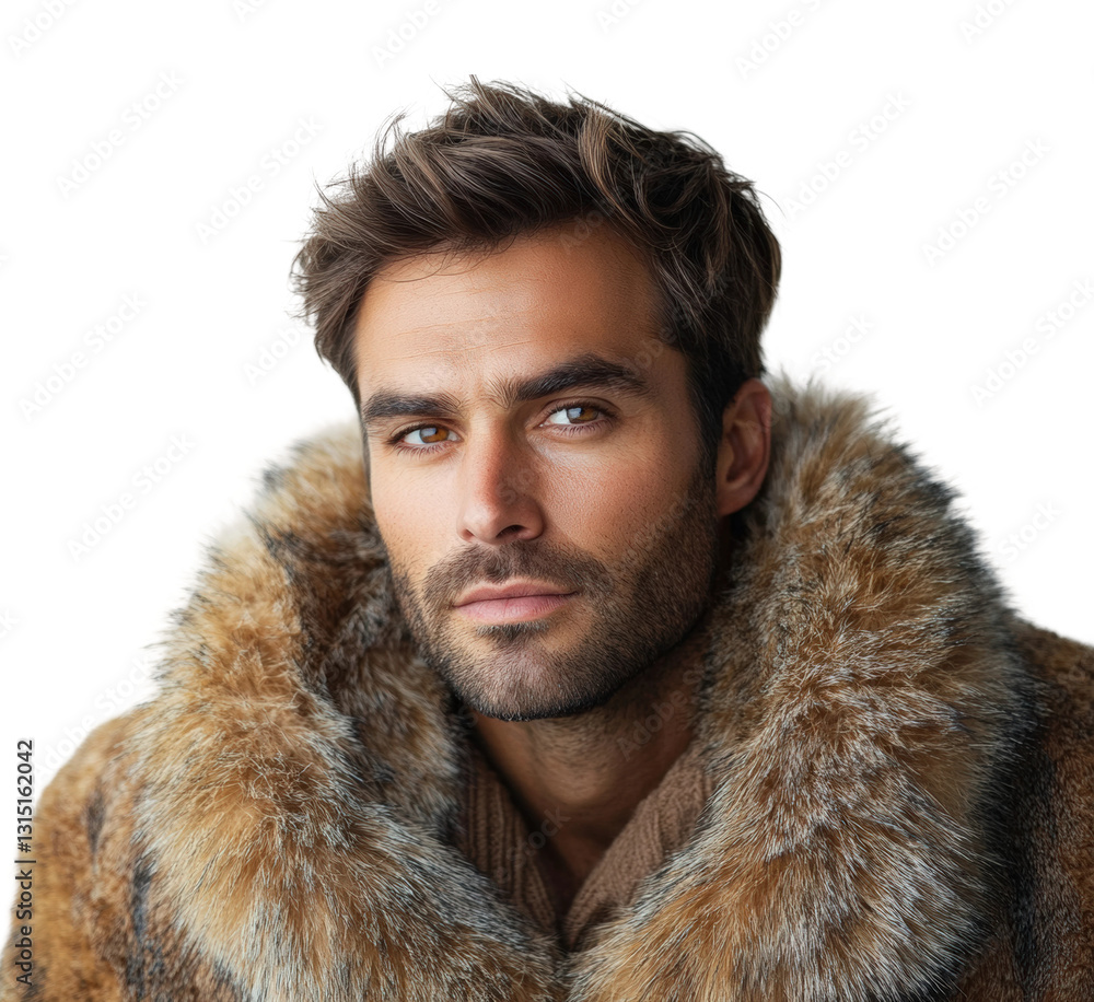 Stylish man in fur coat portrait fashion isolated on transparent ...