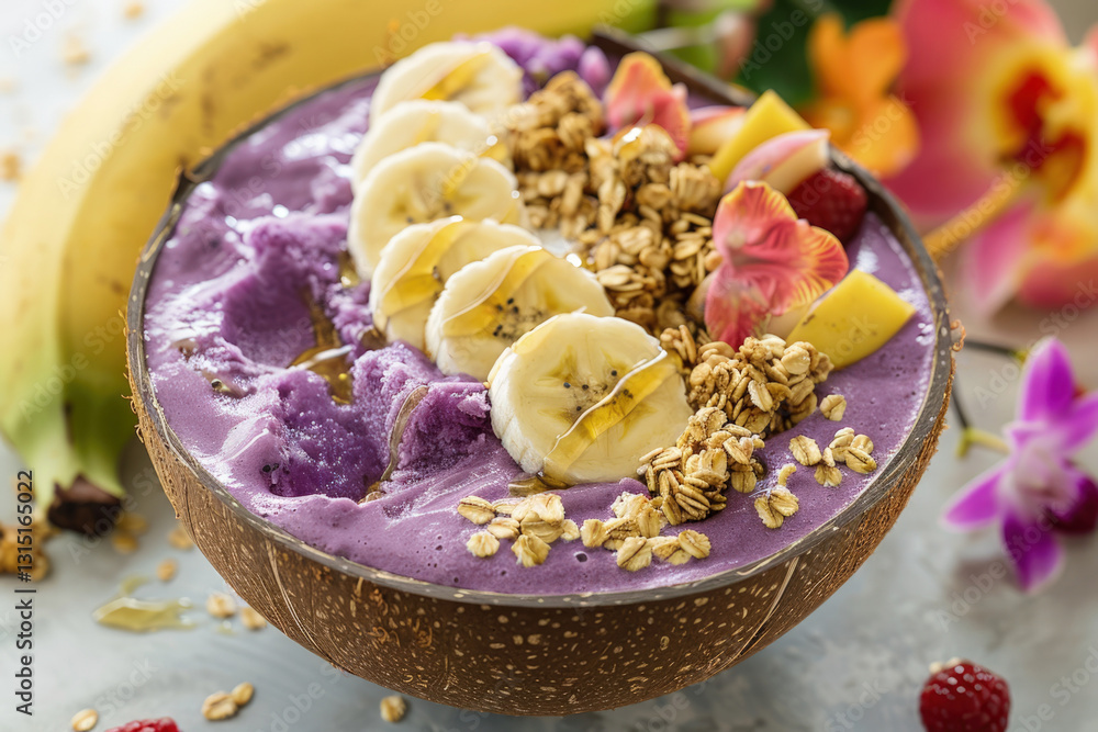 Tropical Ube Smoothie Bowl with Fresh Fruit and Granola in Coconut ...