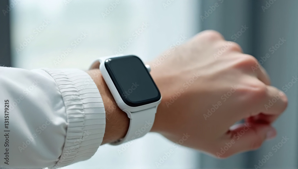 Close-up of an human model arm wearing a mockup smartwatch with a blank ...