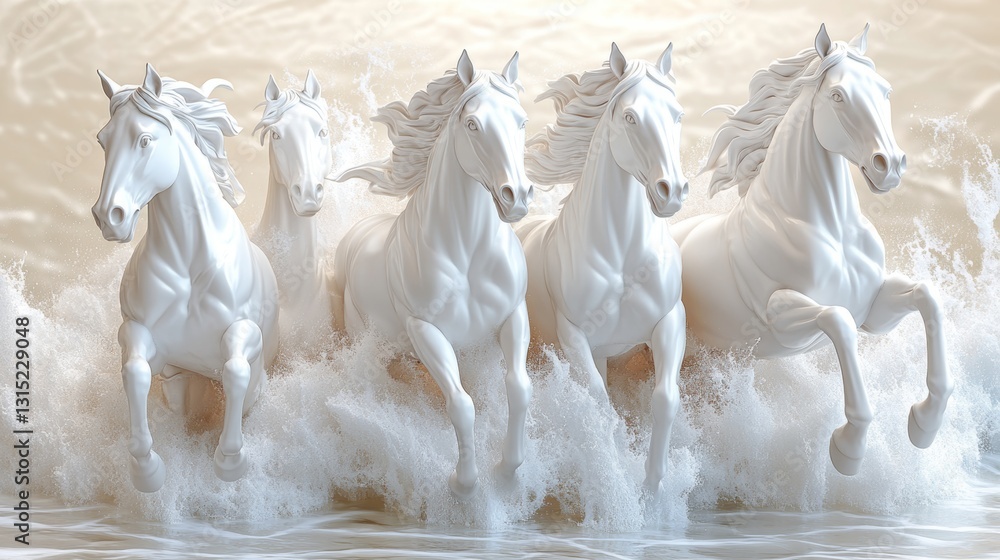 Graceful white horses gallop with strength and elegance on a marble ...