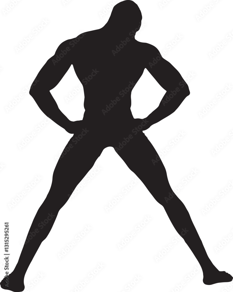 vector; silhouette of back view of a muscular man arms akimbo and legs ...