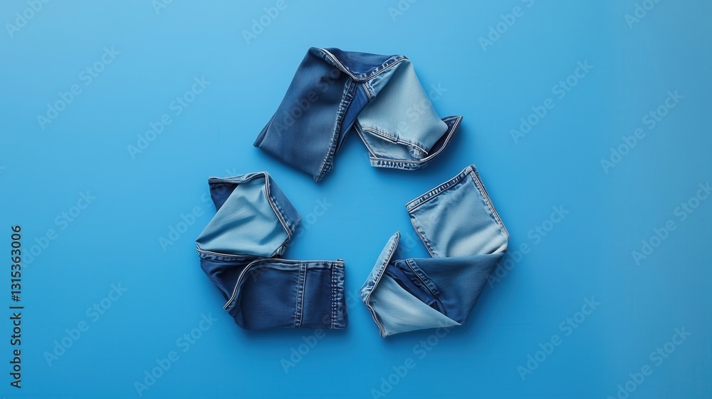 Denim recycling symbol created from folded jeans on a blue background ...