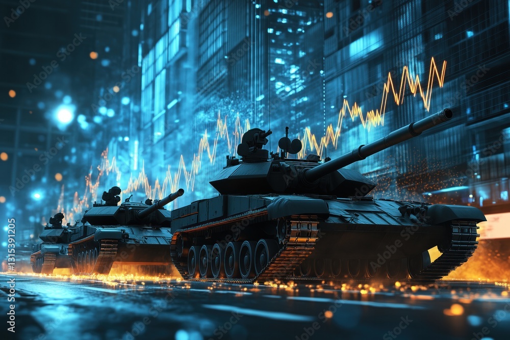 Military tanks rolling on city street with stock market graph showing ...