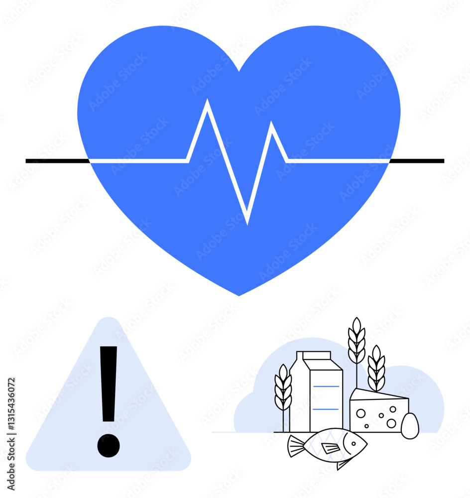 Blue heart with heartbeat line, exclamation mark for caution, milk ...
