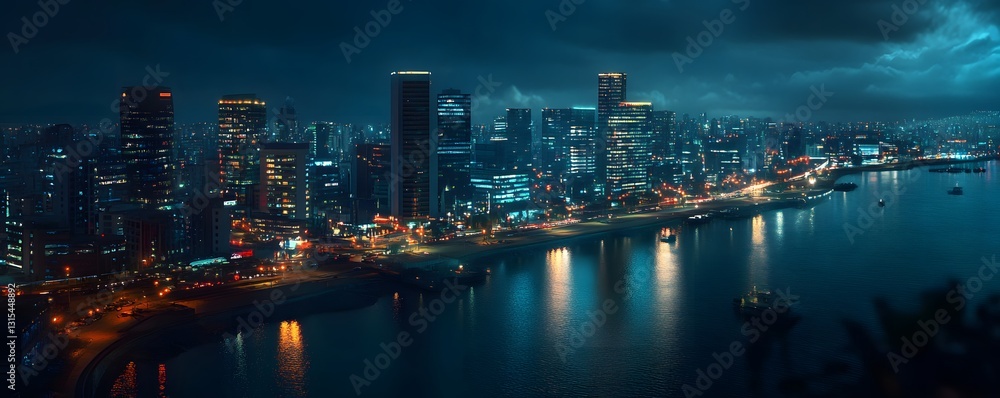 Luanda skyline at night, with coastal lights along the bay and high ...