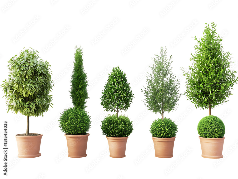 Six potted topiary trees with various shapes and shades of green in ...