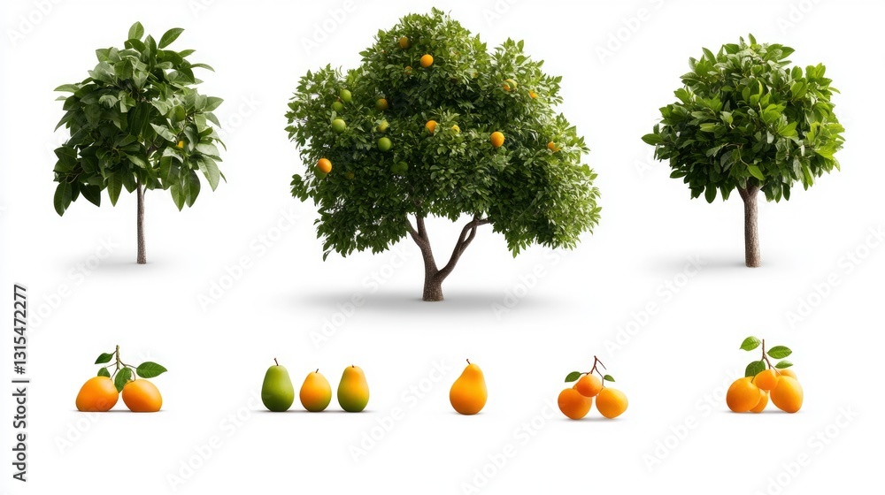 Three orange trees of varying sizes and maturity, alongside close-up ...