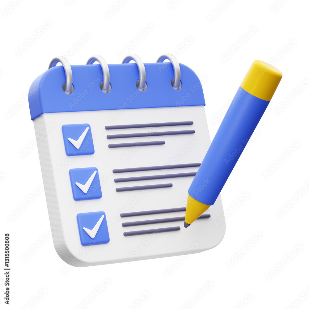 paper clipboard with pencil. 3d notepad, task management concept, todo check list with pen ...