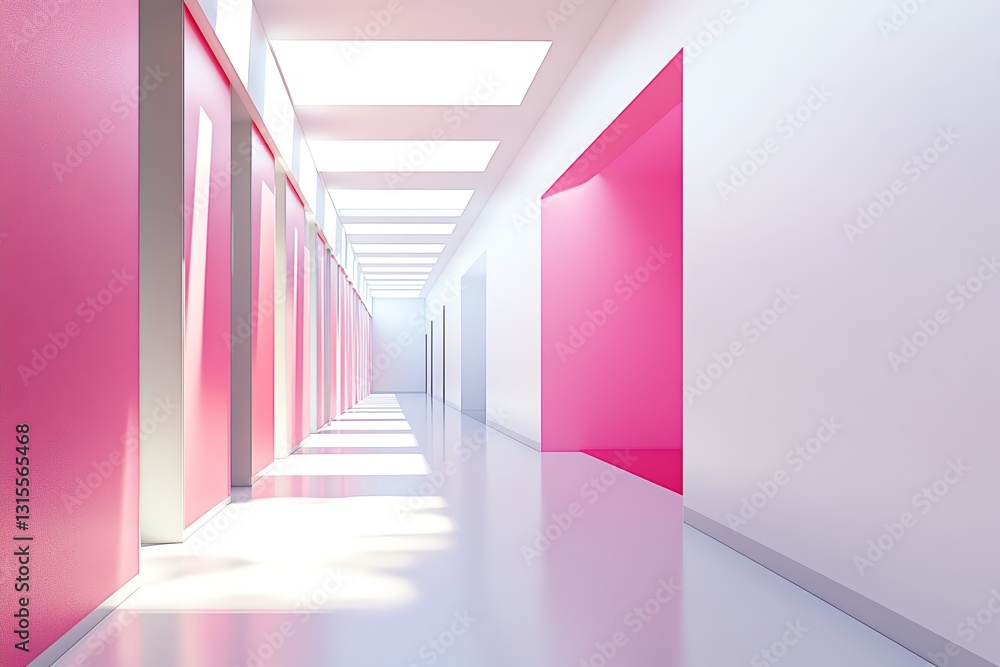 Modern clean corridor with white walls, skylights, and a bold pink ...