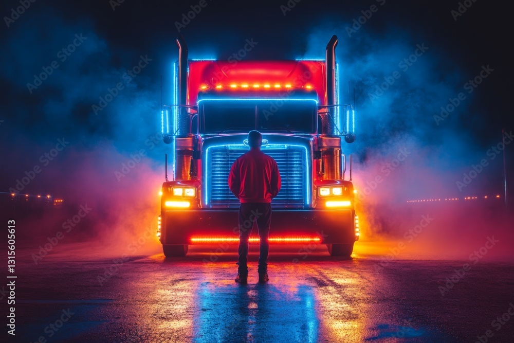 Trucker stands in awe before illuminated semi-truck at night in vibrant ...