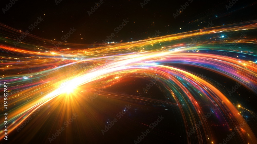 dreamy spectrum light trails floating in black space, overlapping ...